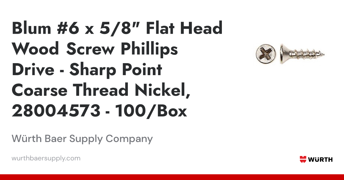 Blum #6 x 5/8" Flat Head Wood Screw Phillips Drive - Sharp Point Coarse ...