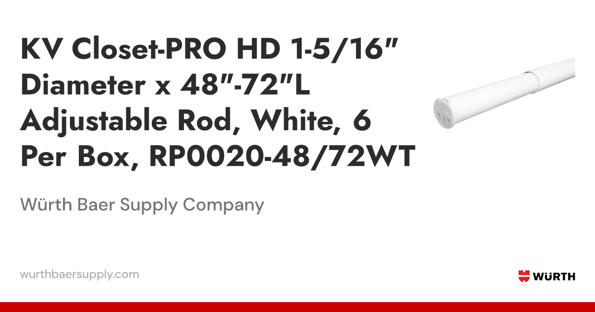KV Closet-PRO HD 1-5/16" Diameter x 48"-72"L Adjustable Rod, White, 6 ...